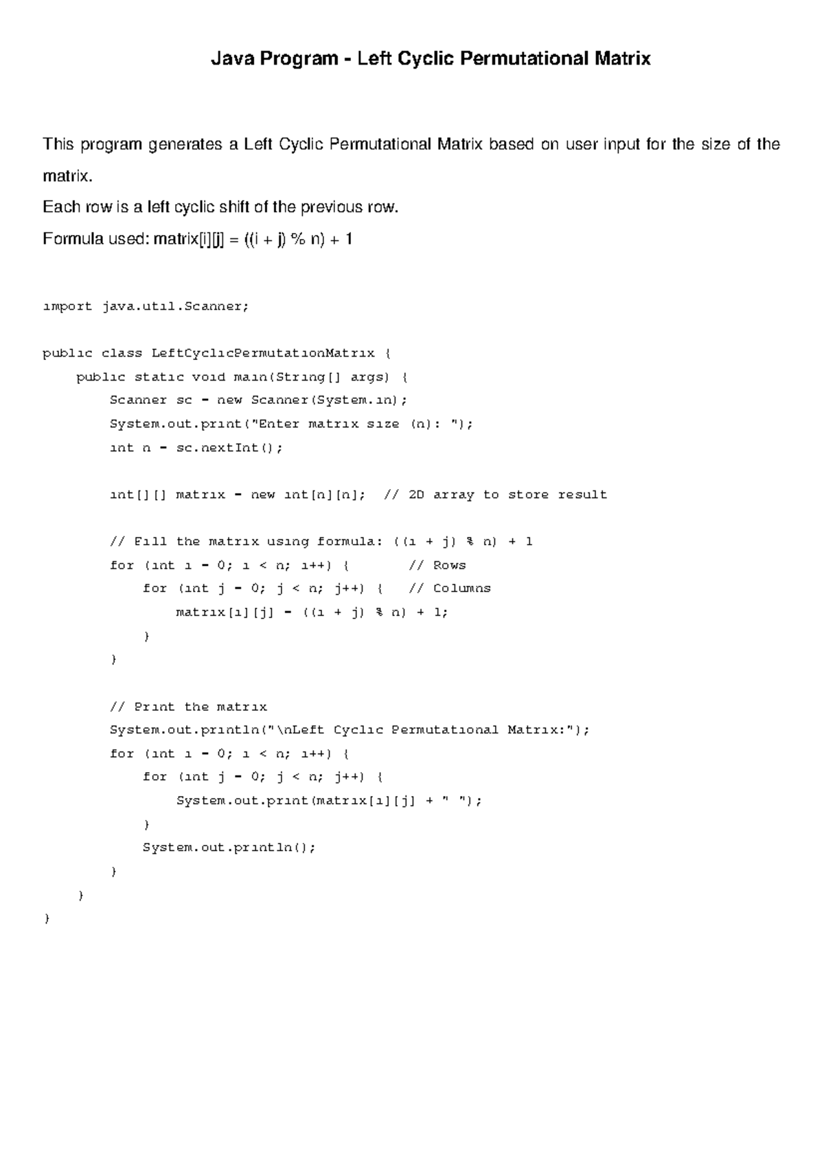 Left Cyclic Permutational Matrix Java - Each row is a left cyclic shift ...