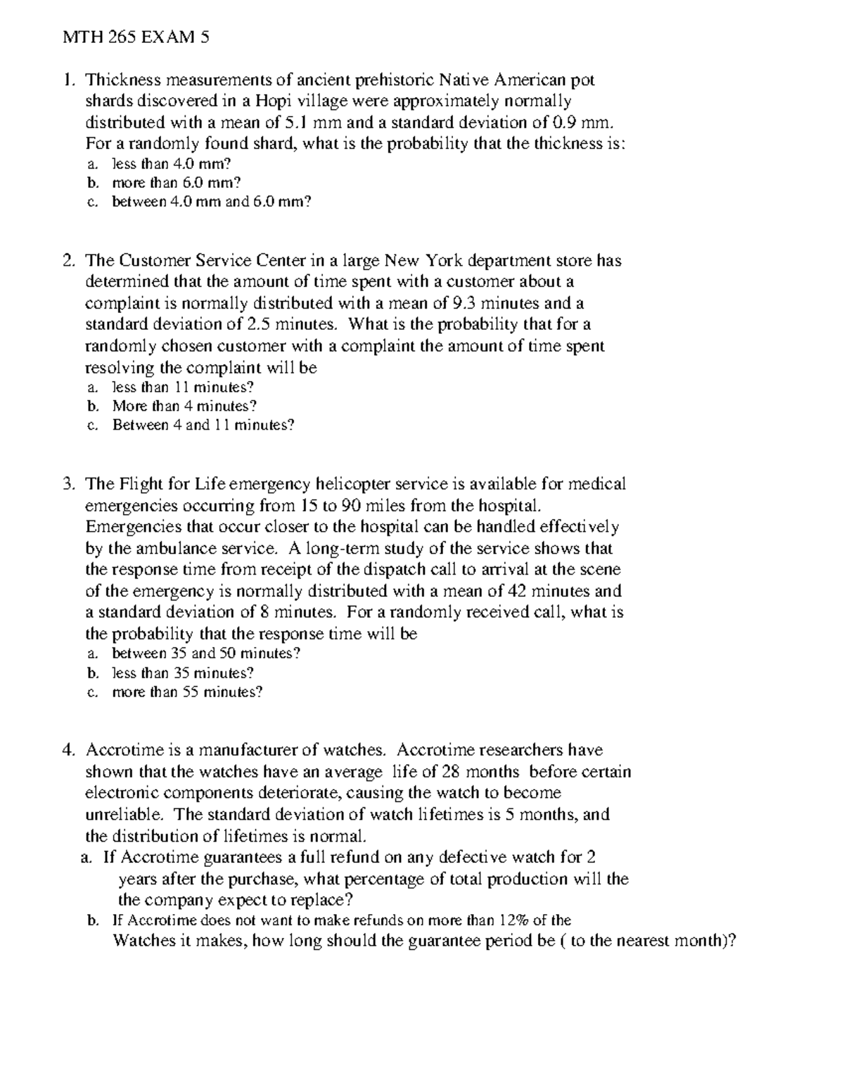 MTH 265 Exam 5 Review: Probability & Normal Distribution Analysis - Studocu