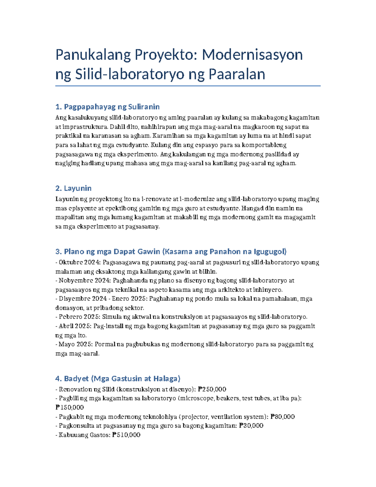 Panukalang Proyekto sa Modernisasyon ng Laboratoryo ng Paaralan - Studocu