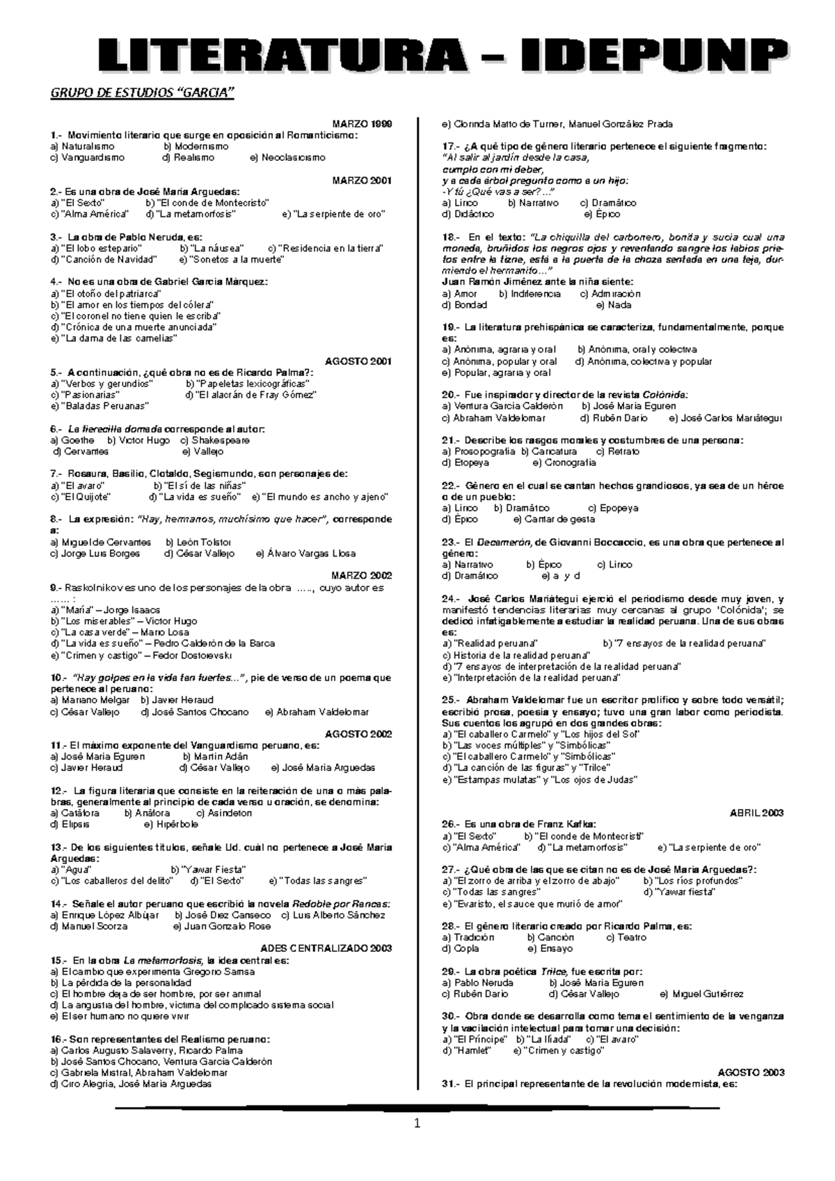 Banco Literatura Idepunp - MARZO 1999 1.- Movimiento literario que ...