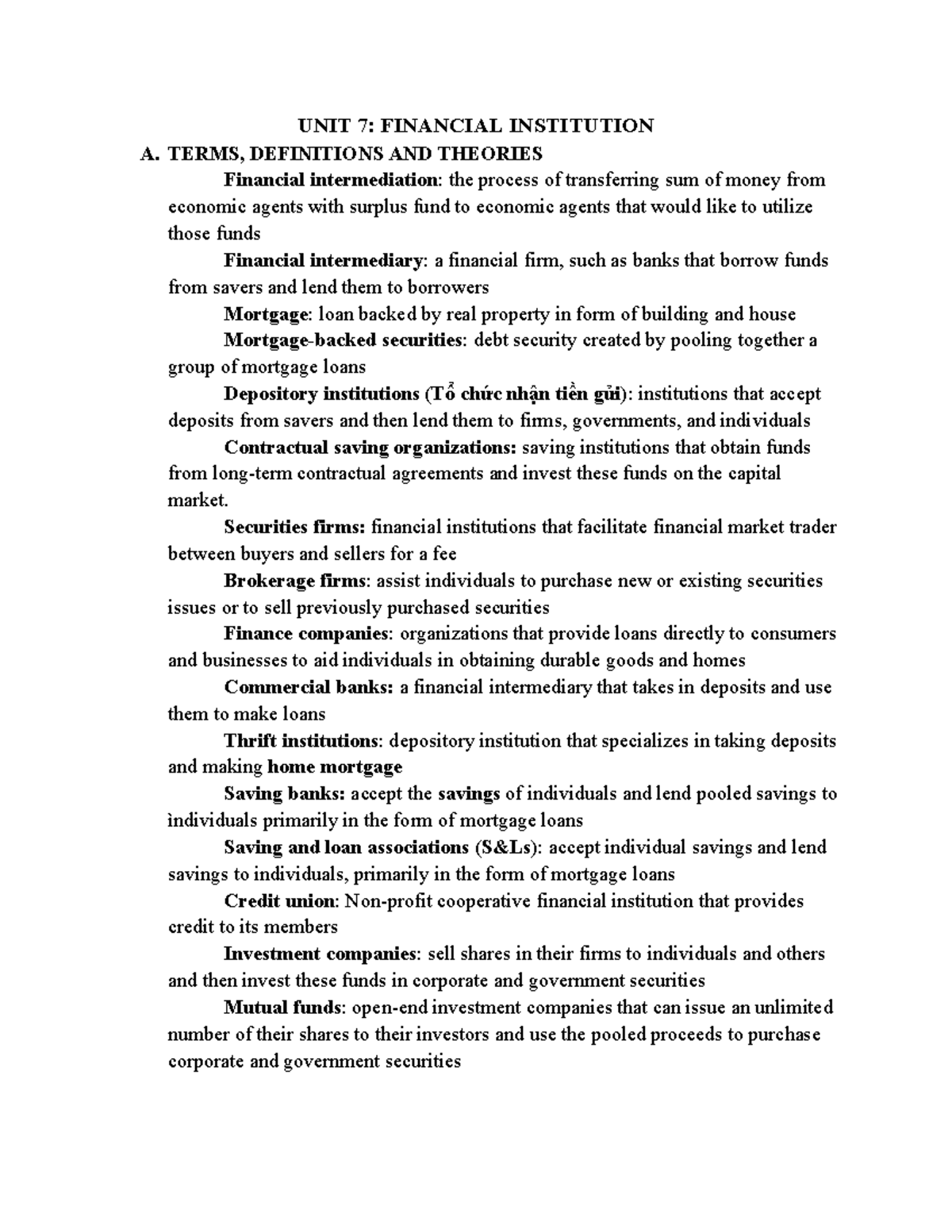 UNIT 7: Financial Institutions - Key Terms and Concepts - Studocu
