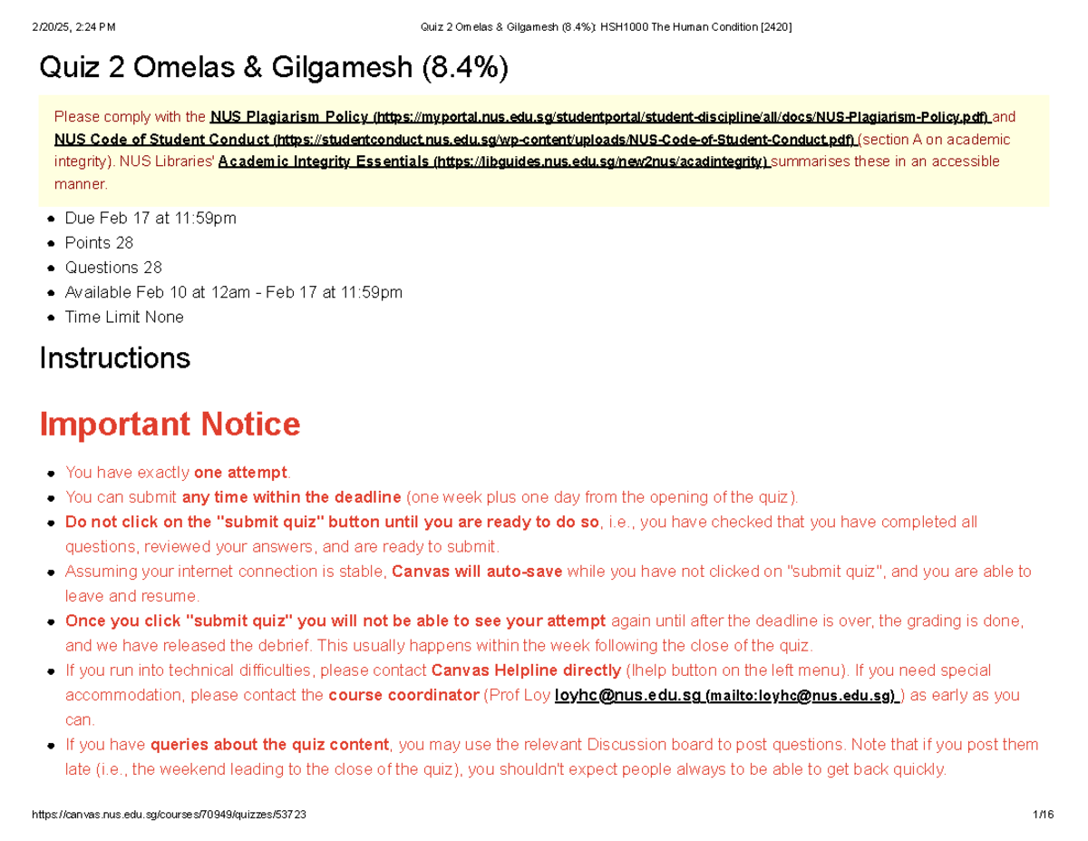 Quiz 2 Omelas & Gilgamesh (8.4%) HSH1000 The Human Condition [2420 ...