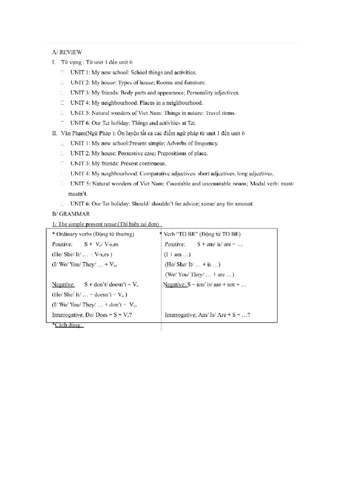 REVIEW I: Vocabulary and Grammar from Units 1 to 6 - Studocu