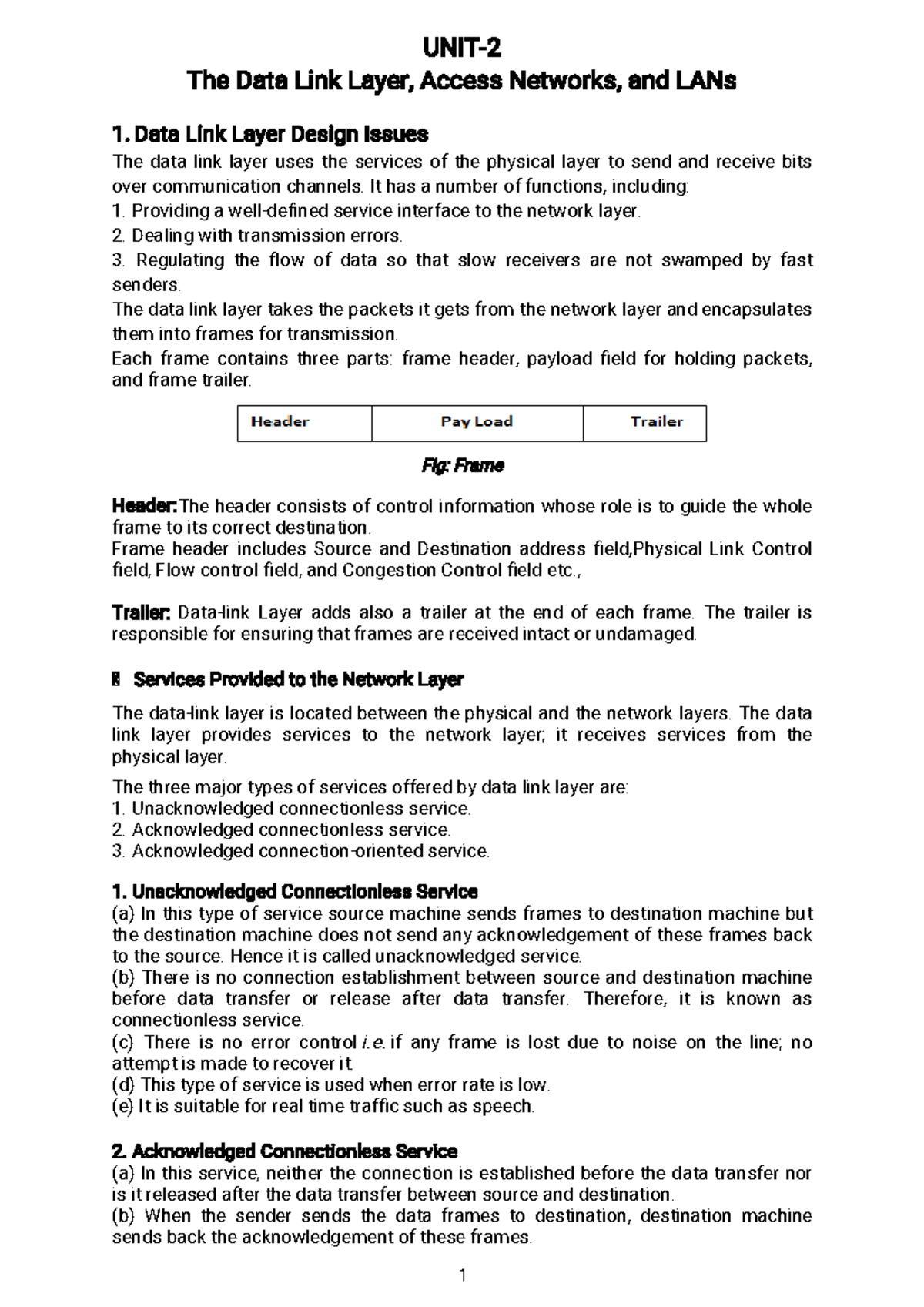 CN R20 UNIT-2 - Learn easy - UNIT- The Data Link Layer, Access Networks, and LANs 1. Data Link ...