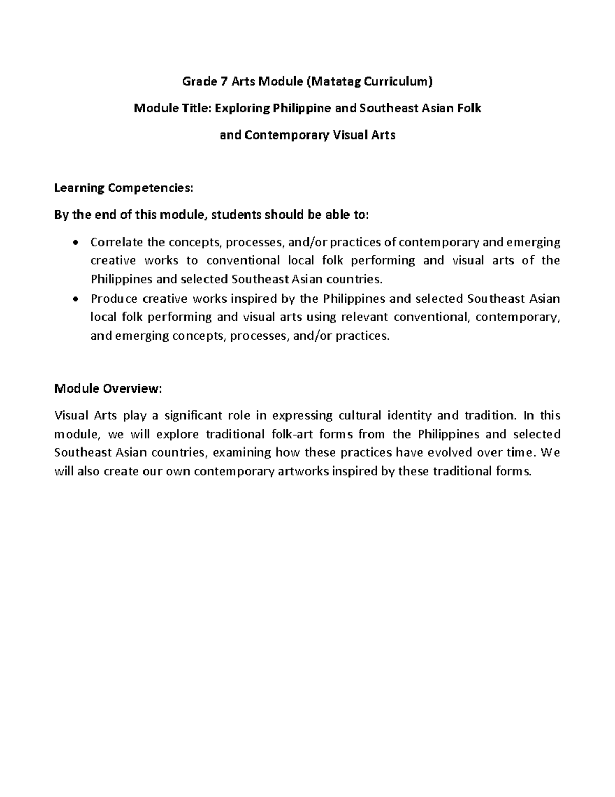 Grade 7 Arts Module: Exploring PH & SEA Visual Folk Art Trends - Studocu