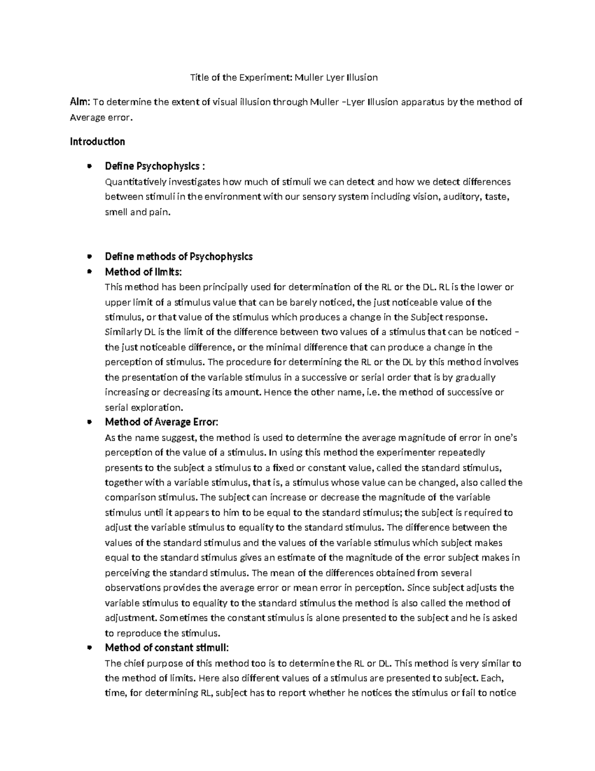 Muller Lyer Illusion Experiment Psychophysics Methods Analysis Studocu