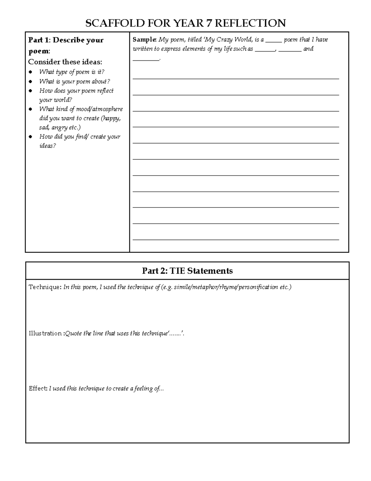 Year 7 Reflection Scaffold for Poem Composition - Studocu