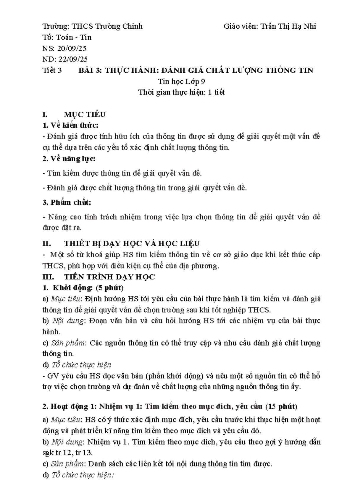Bài 3: Thực Hành Đánh Giá Chất Lượng Thông Tin - Lớp 9 - Studocu