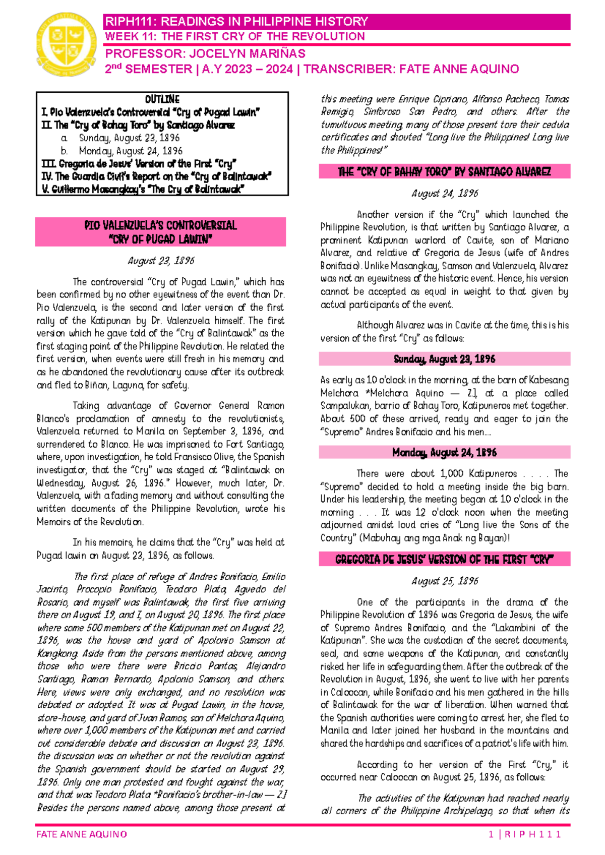READINGS IN PHILIPPINE HISTORY WEEK 11: THE FIRST CRY OF REVOLUTION ...