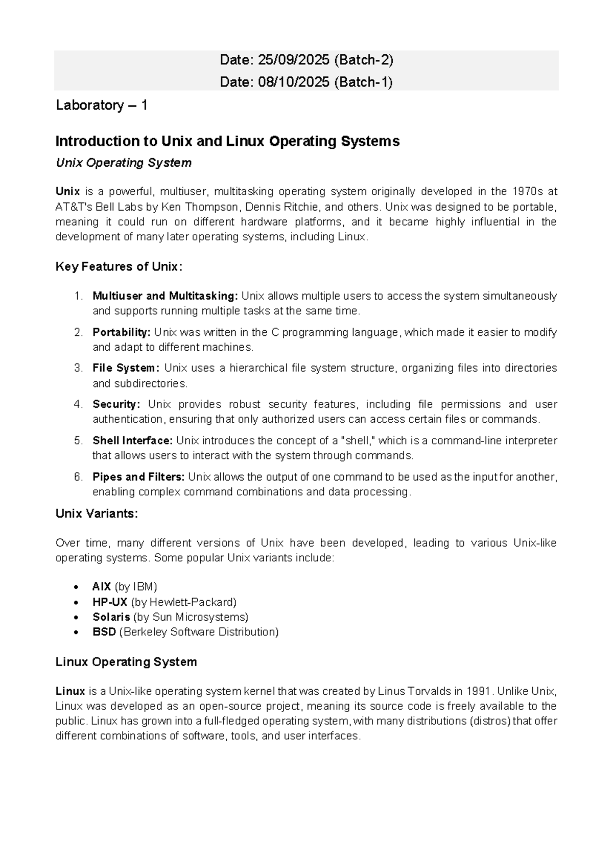 Laboratory 1: Introduction to Unix & Linux OS - Lab Record (Weeks 1 & 2 ...