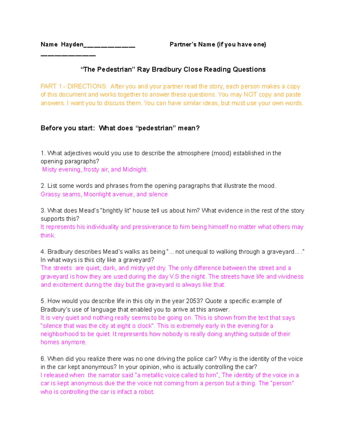 Close Reading Questions for "The Pedestrian" (ENG 101) - Studocu