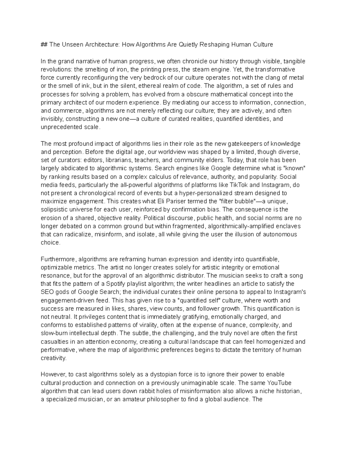 The Unseen Architecture: Algorithms Reshaping Culture - Studocu