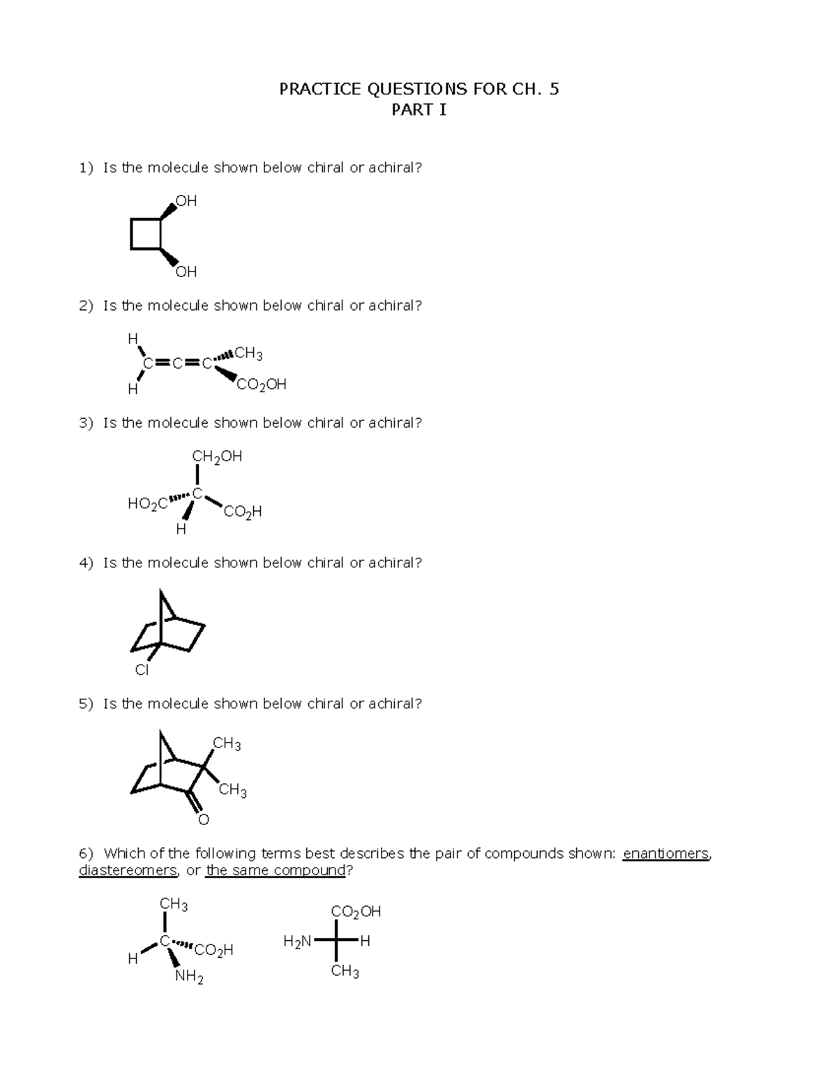 PRACTICE QUESTIONS FOR CH. 5 STEREOCHEMISTRY PART I - Studocu