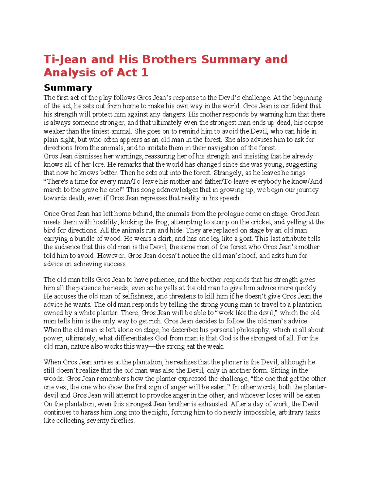 Ti-Jean and His Brothers: Detailed Act 1 Summary & Analysis - Studocu