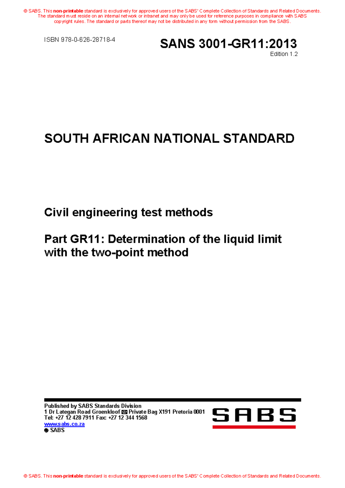 SANS3001-GR11 - For soil practicals - ISBN 978-0-626-28718- SANS 3001 ...