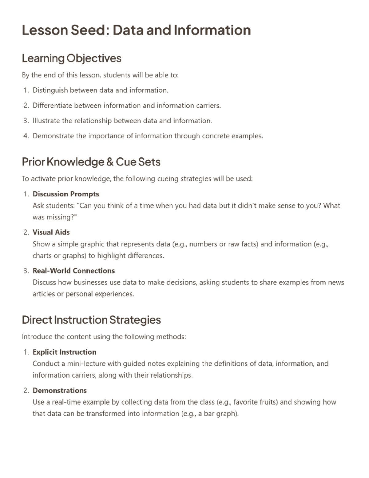 Lesson Seed: Understanding Data vs Information Learning Objectives ...