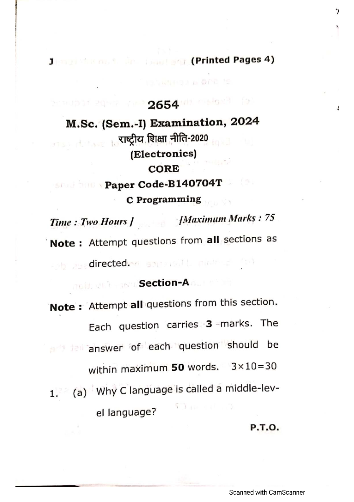 M.Sc. 2654 Electronics CORE Paper: C Programming Lecture Notes - Studocu