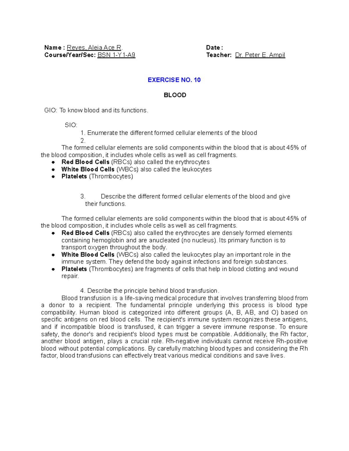 LAB Exercise 10: Understanding Blood Components and Functions - Studocu