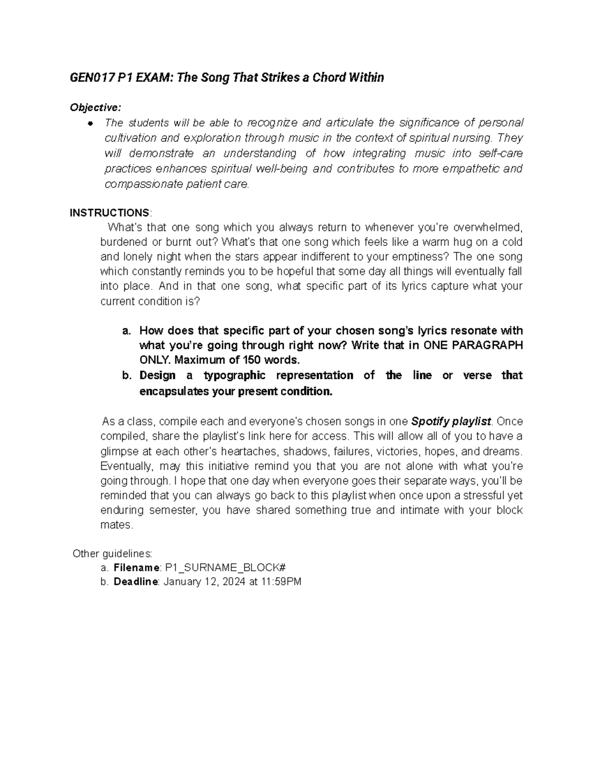 GEN017 - Spiritual Nursing P1 Exam: The Healing Power of Music - Studocu
