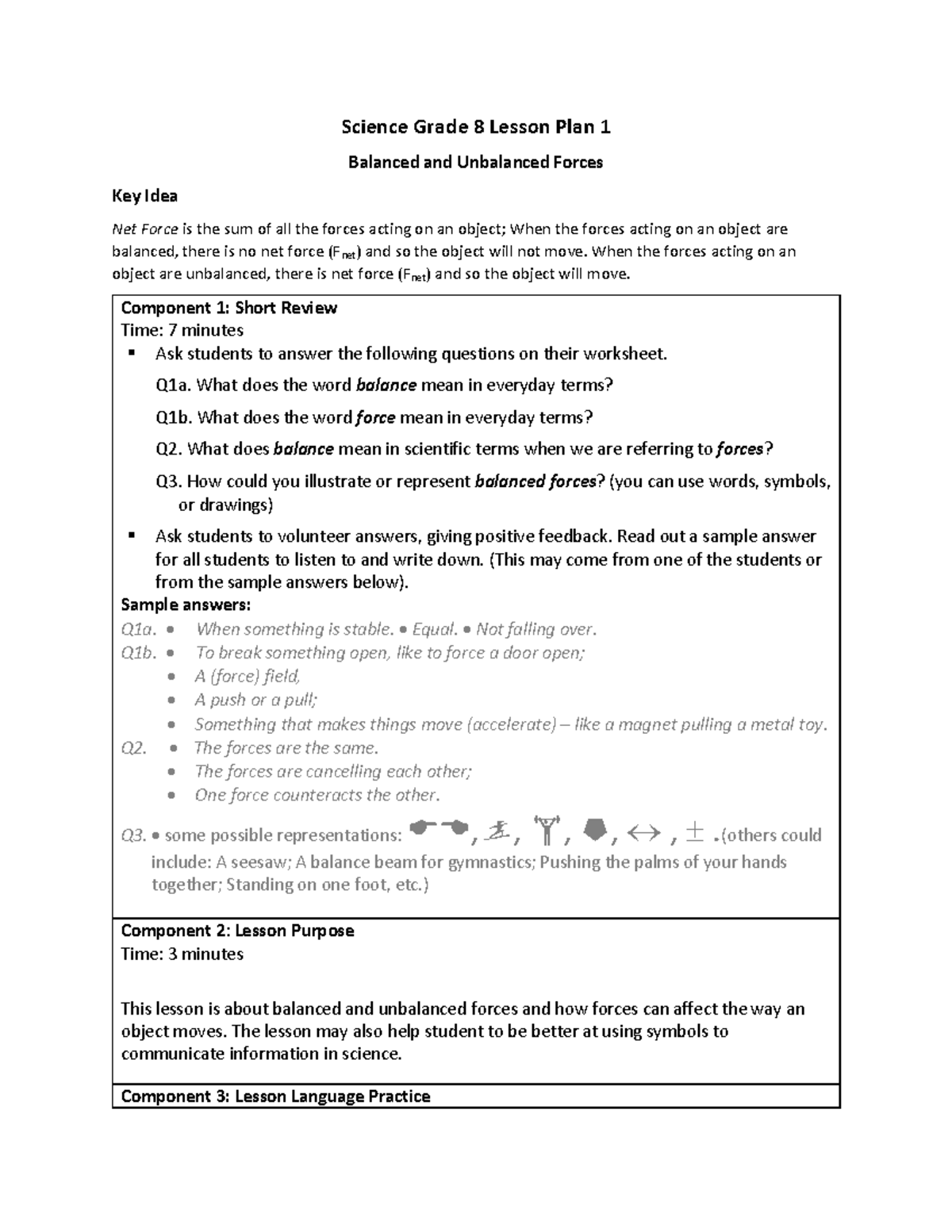 Science Grade 8 Lesson Plan 1: Understanding Balanced & Unbalanced ...