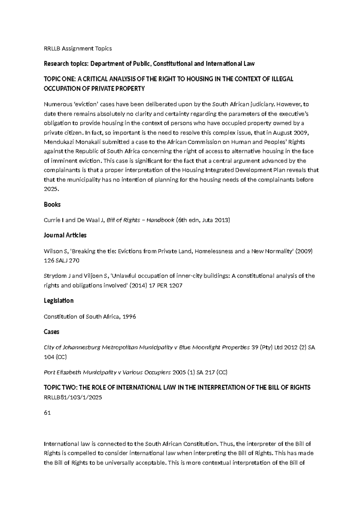 RRLLB81 - Assignment Topics on Critical Legal Issues in SA - Studocu