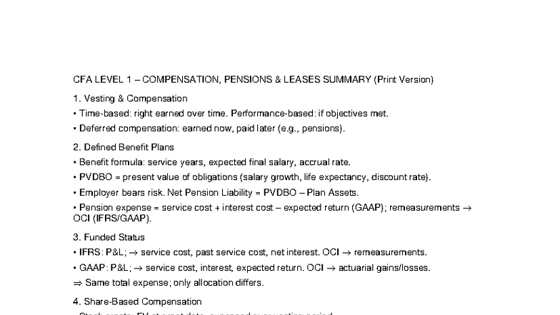CFA Level 1 Final Exam Summary: Compensation & Leases Concepts - Studocu