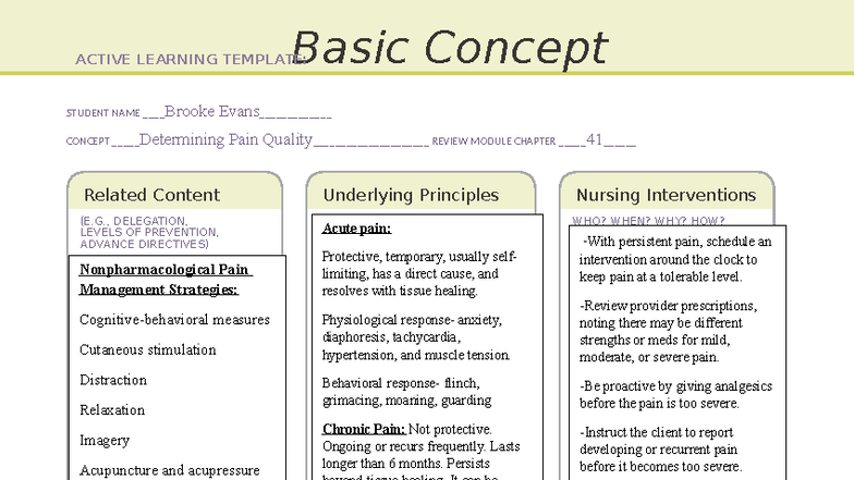 NUR 101: Active Learning Template on Pain Management Concepts - Studocu