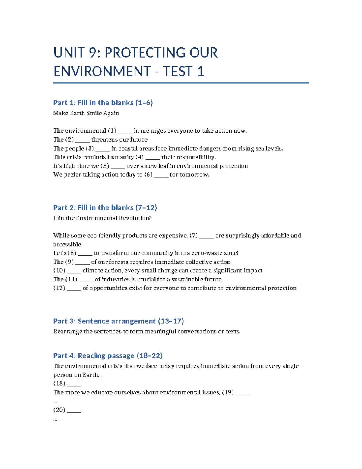 Unit 9: Environmental Protection Test 1 - Fill in the Blanks - Studocu
