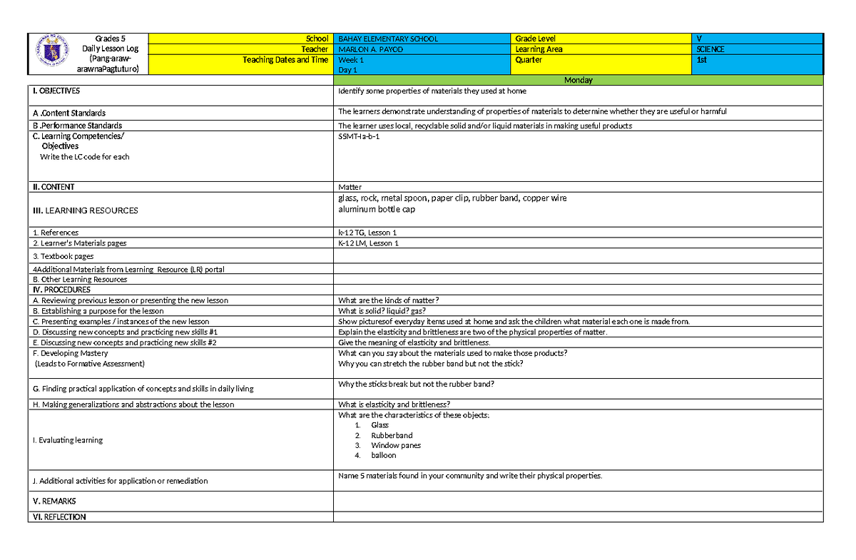 Grade 5 DLL Science Q1 Week 1: Properties of Matter Lessons - Studocu