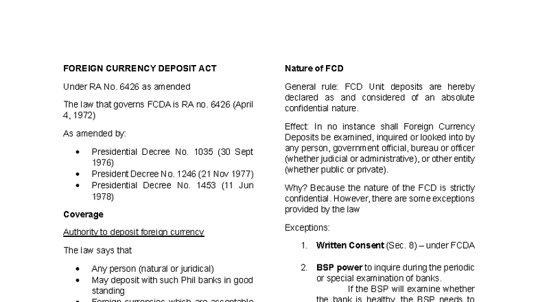 Foreign Currency Deposit Act (RA No. 6426) Summary Notes - Studocu