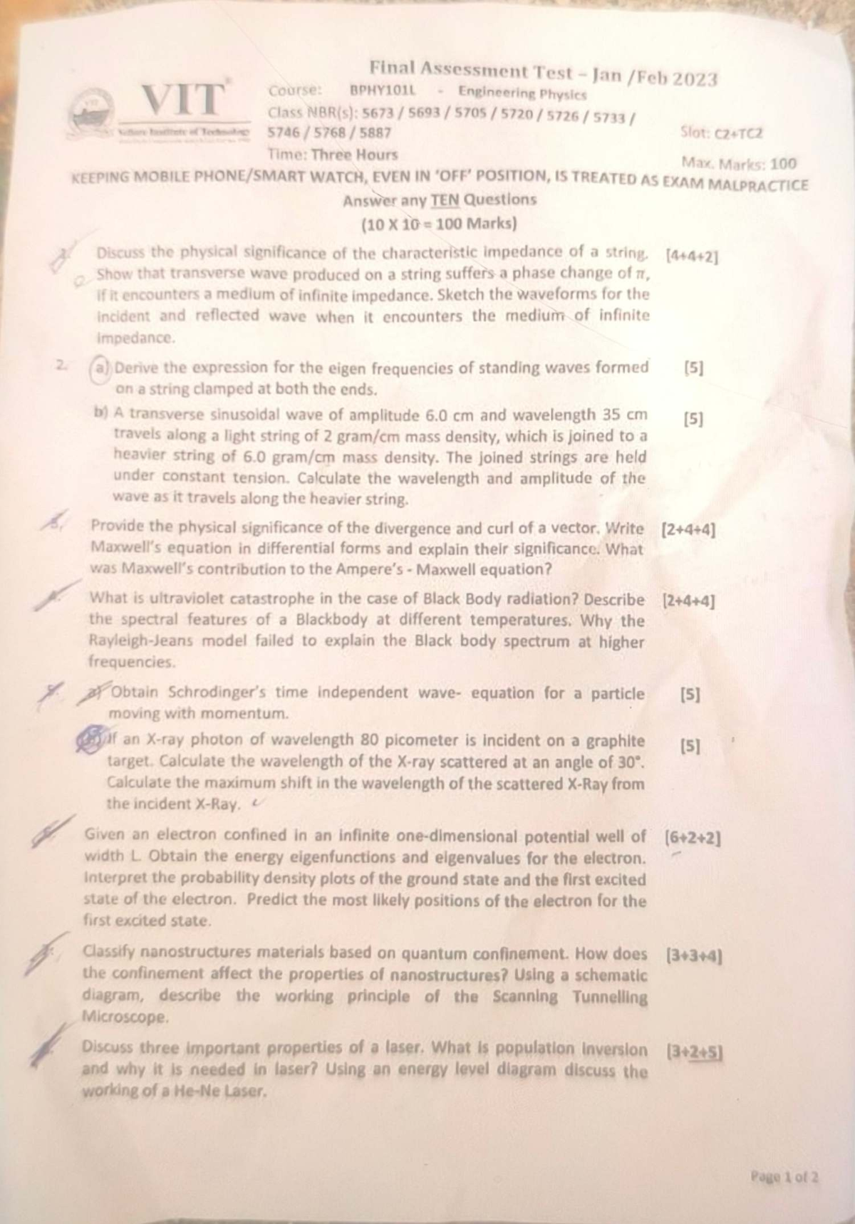 Final Assessment Test Jan 2023 VIT Course: BPHY101L Engineering Physics ...