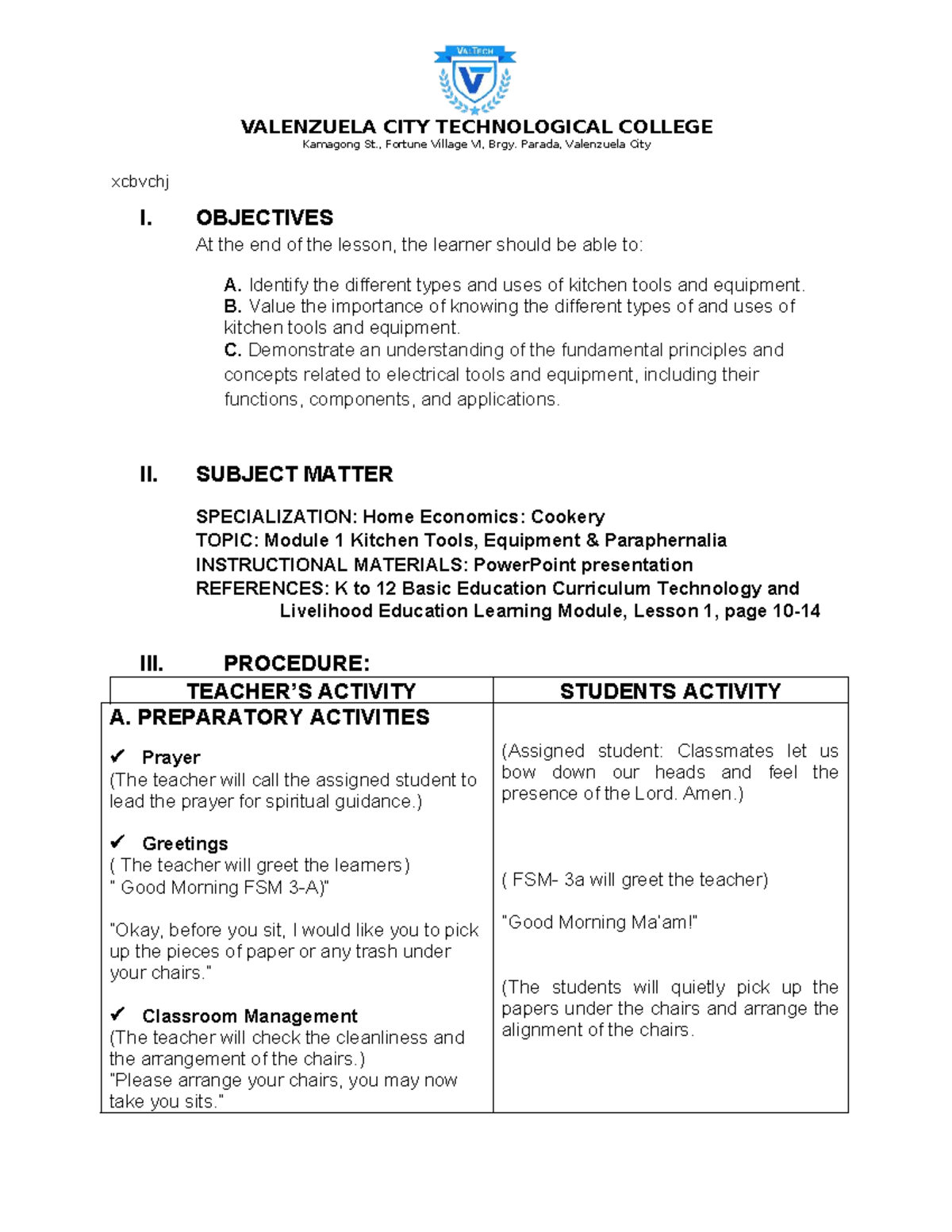 Home Economics: Lesson Plan on Kitchen Tools & Equipment (HE 101) - Studocu