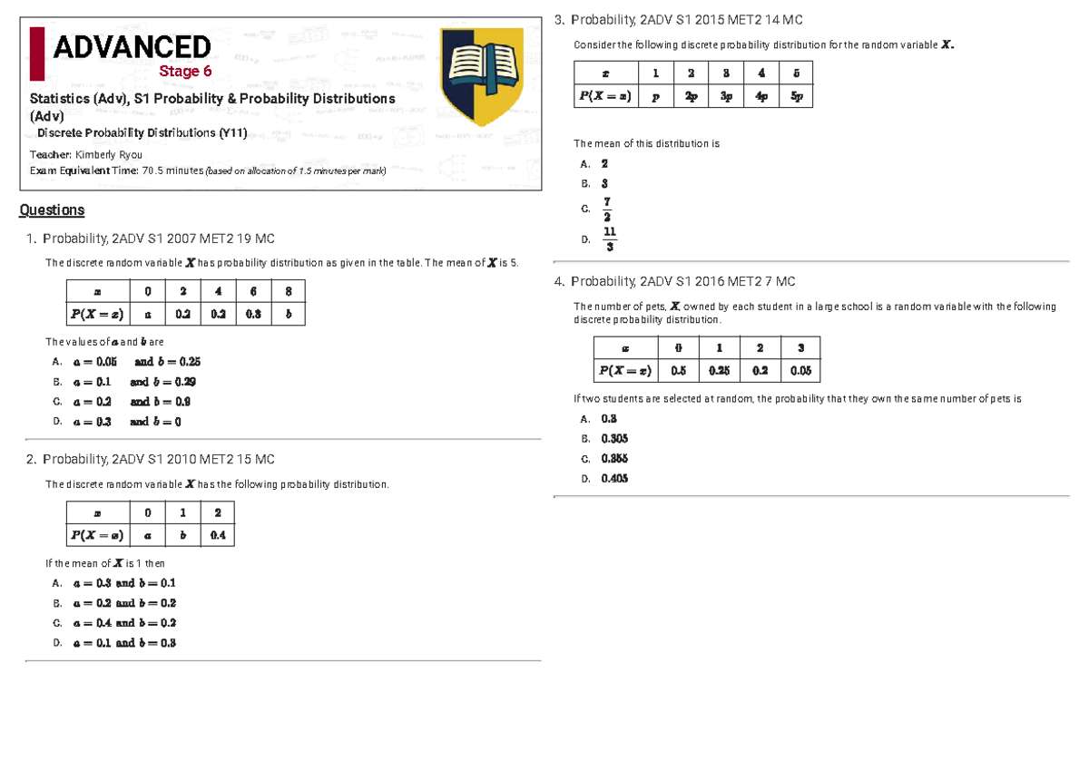 HSC - Yr 11 - Probability Distribution Solutions (2ADV S1) - Studocu