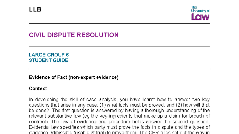 LLB CIVIL DISPUTE RESOLUTION LG6 STUDENT GUIDE: Evidence & Case ...