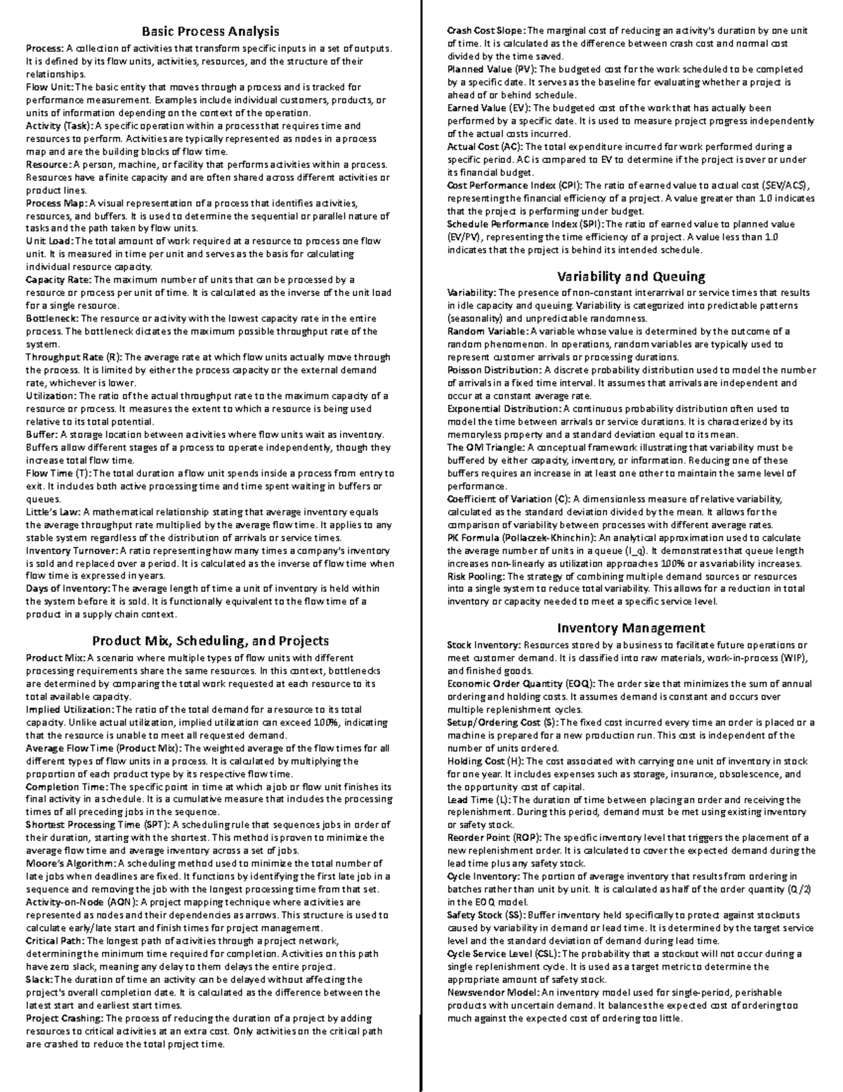 COMM204 Cheat Sheet: Key Definitions in Process Analysis and Inventory ...