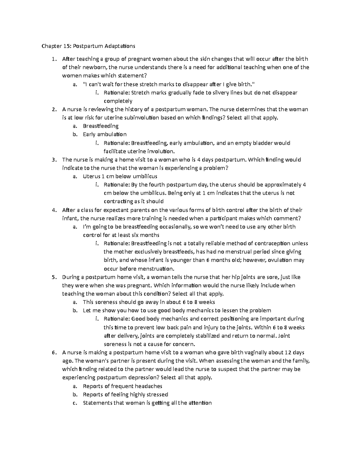 Chapter 15 OB: Postpartum Adaptations Practice Questions & Rationale ...
