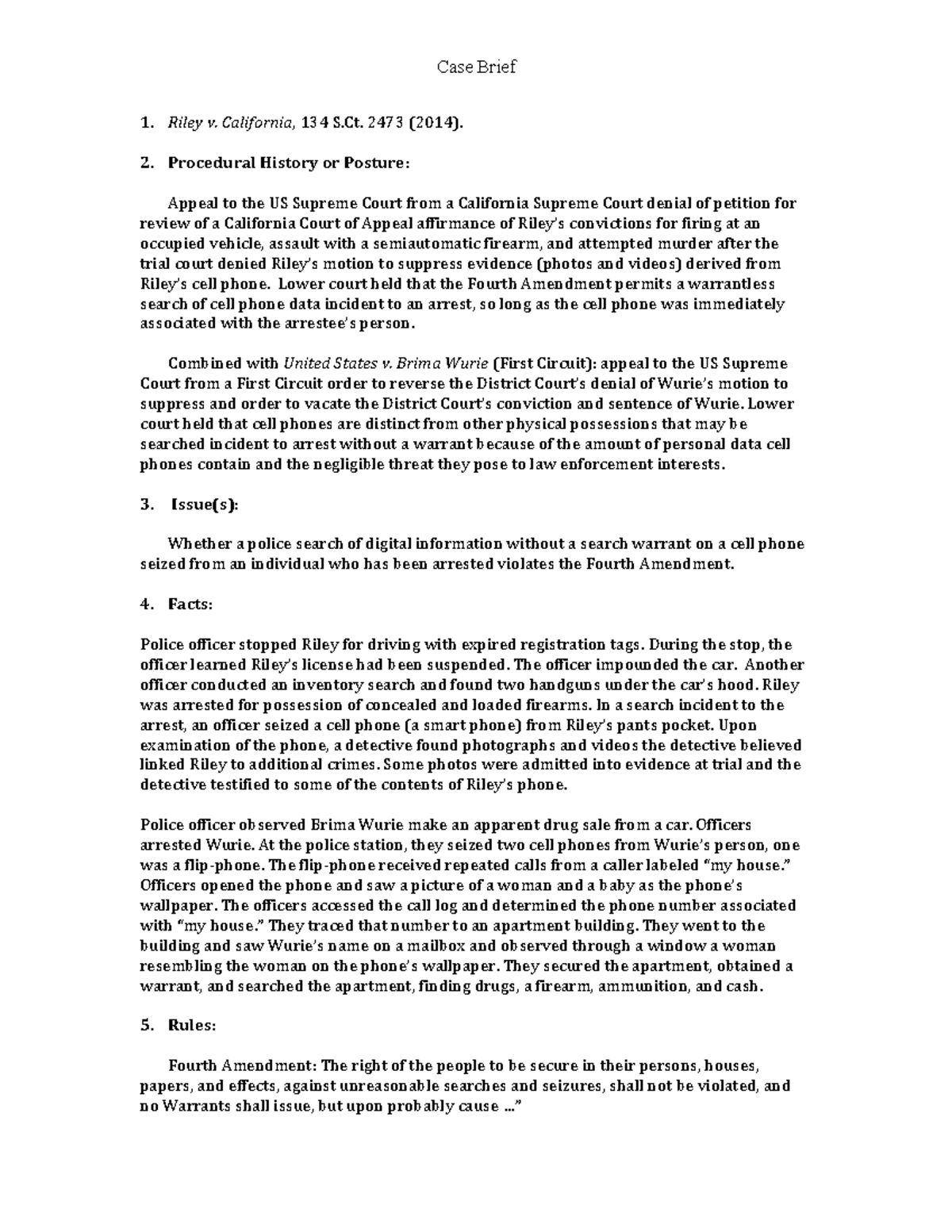 Case Brief: Riley v. California - Fourth Amendment Analysis - Studocu