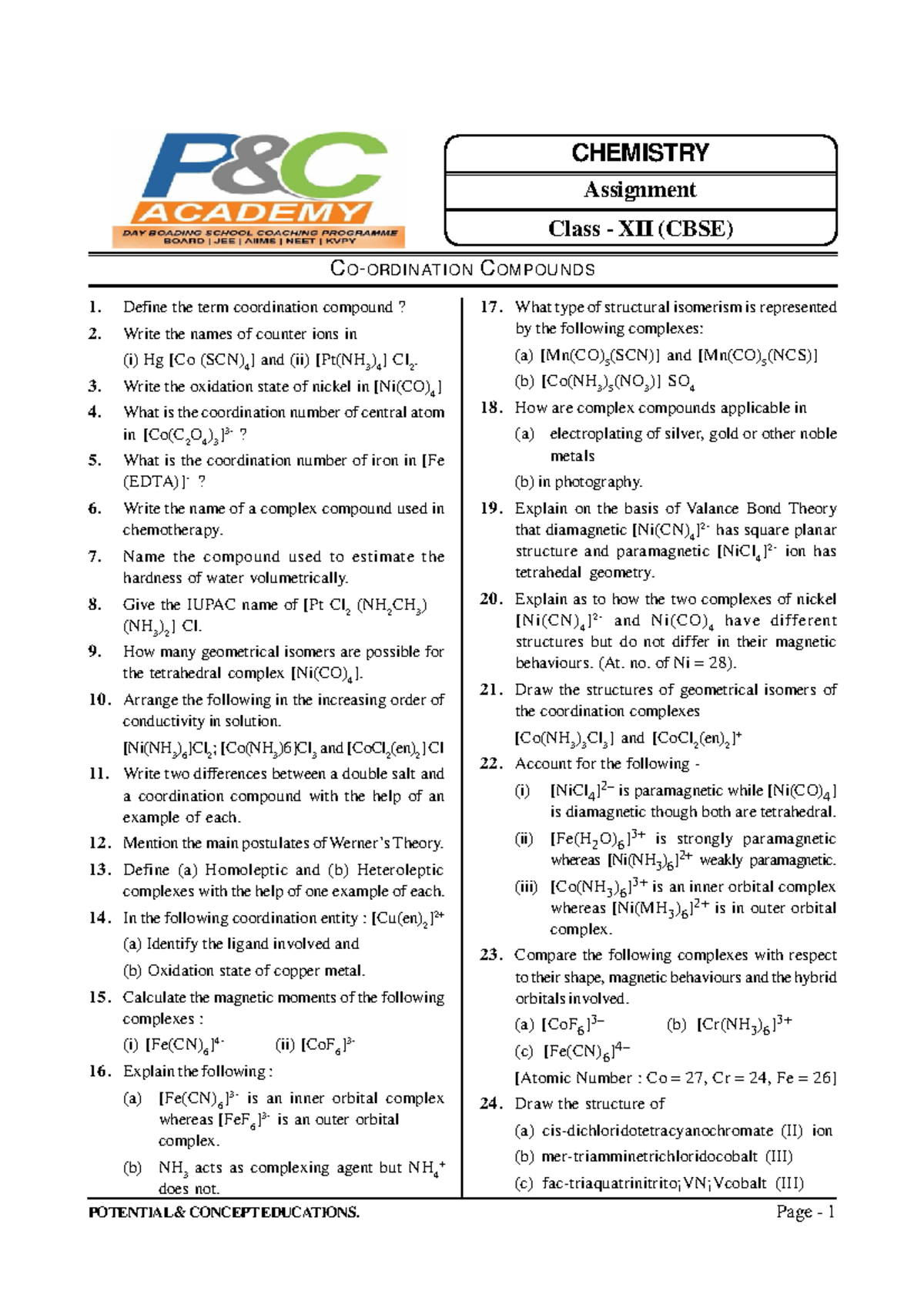 Assignment CHEMISTRY Class XII CBSE: Coordination Compounds - Studocu