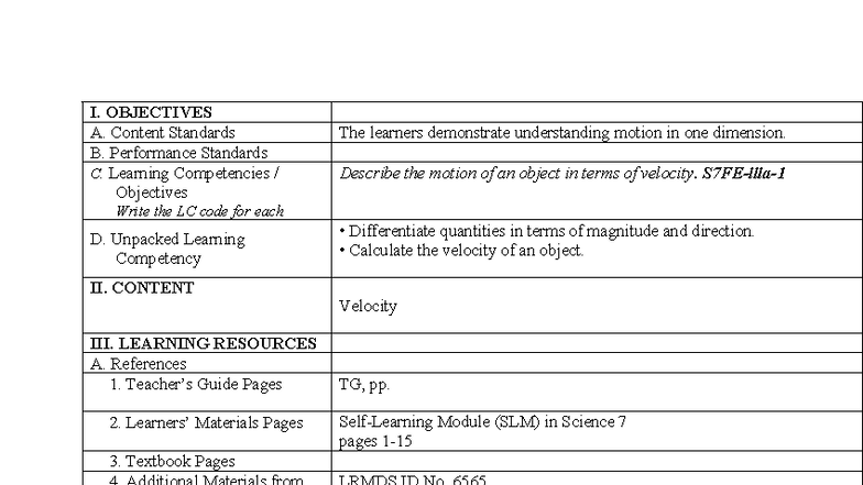 Detailed Lesson Plan for Velocity (Science 7) - Studocu