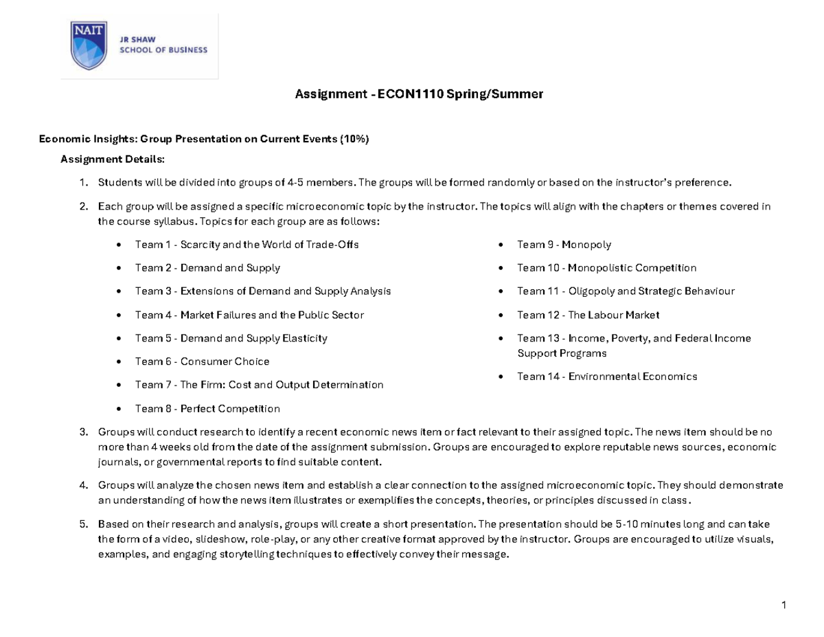 Group Assignment and Rubric - Econ1110 - Assignment - ECON1110 Spring ...