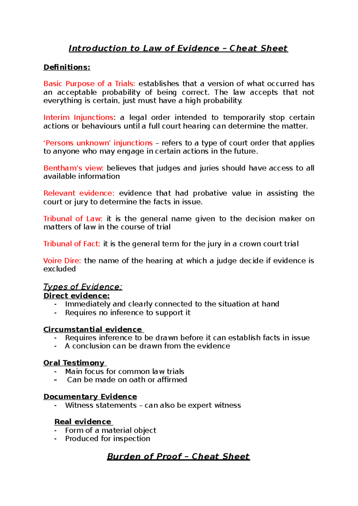 Cheat Sheet for Law of Evidence (Course Code: LAW101) - Key Definitions ...