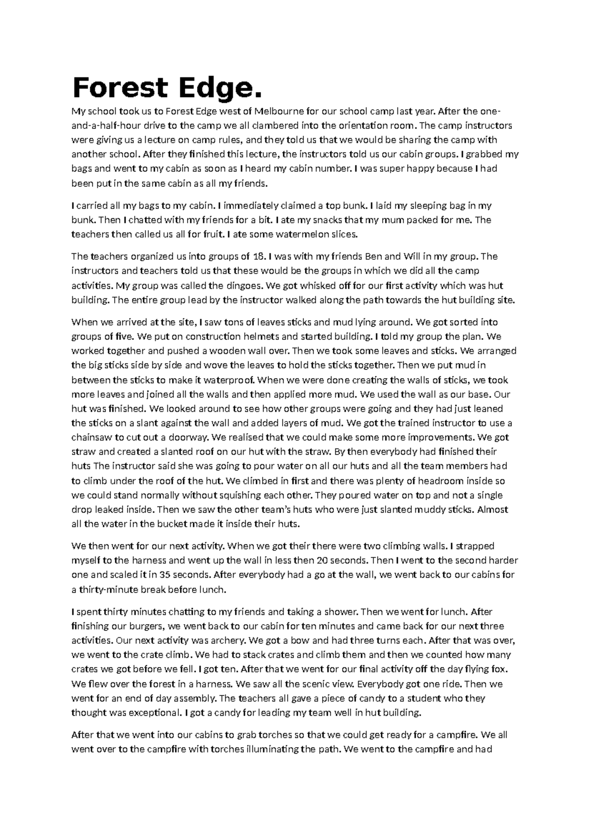 Forest Edge Camp Experience - An Essay on Our Adventure - Studocu