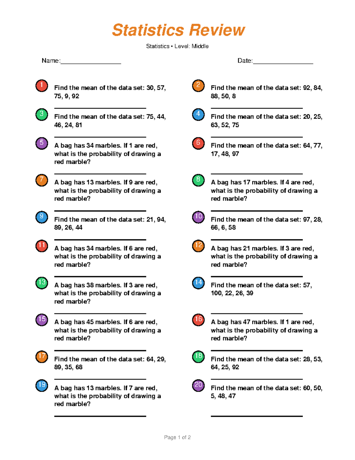 Statistics Review 4: Mean & Probability Exercises for Middle Level ...
