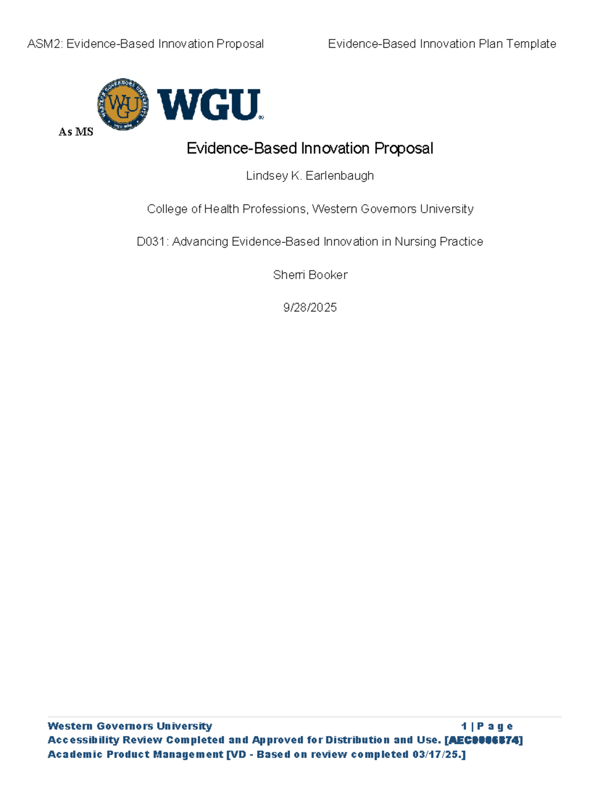 D031 ASM2: Innovation Proposal for Advancing Nursing Practice - Studocu