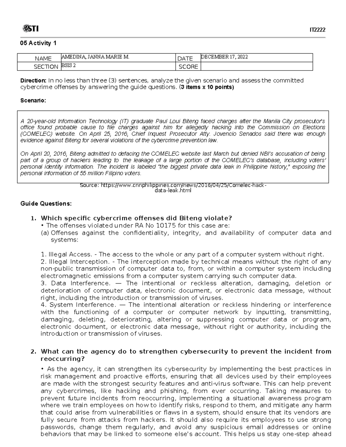 IT 05 Activity 1 - Analysis of Cybercrime Offenses by Paul Biteng - Studocu