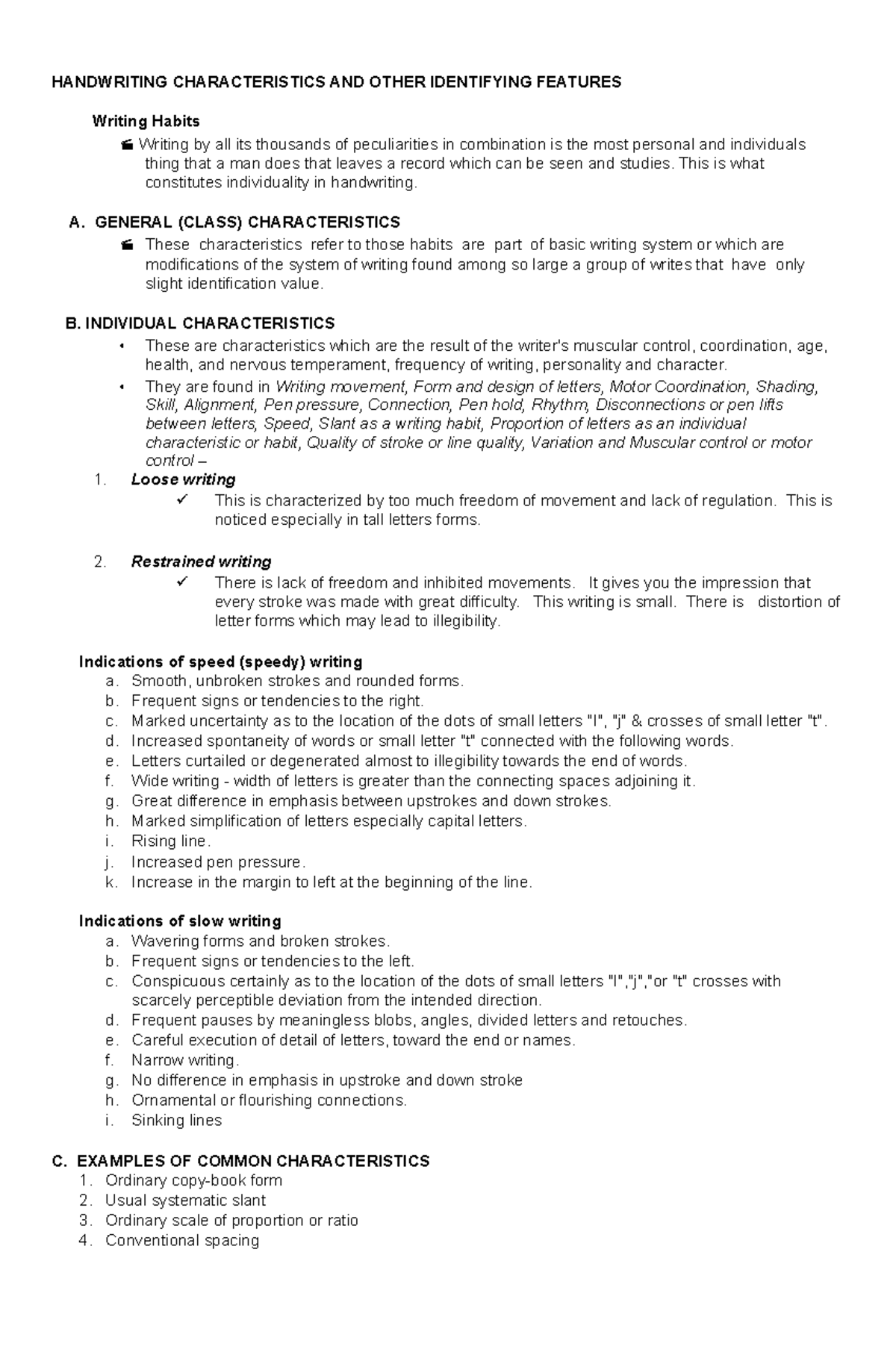 Handwriting characteristic and other identifying features - HANDWRITING ...