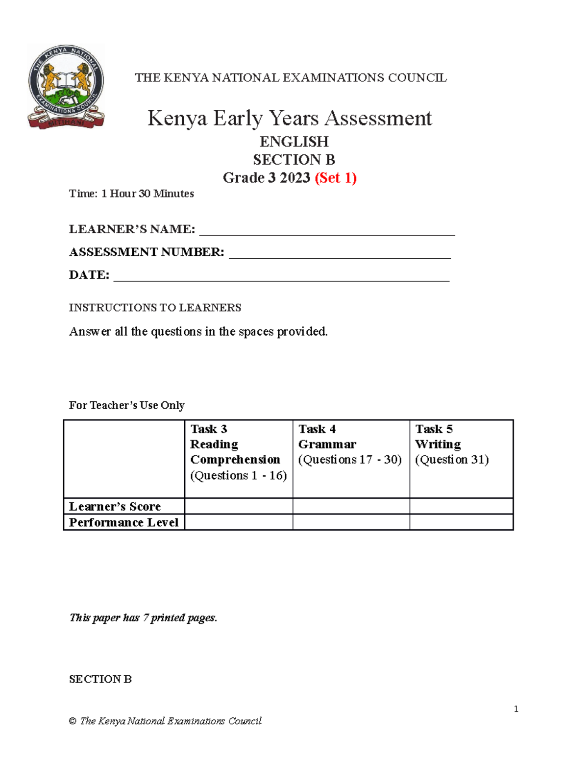 Grade 3 English SBA Section B - Set 1 (2023) - Studocu