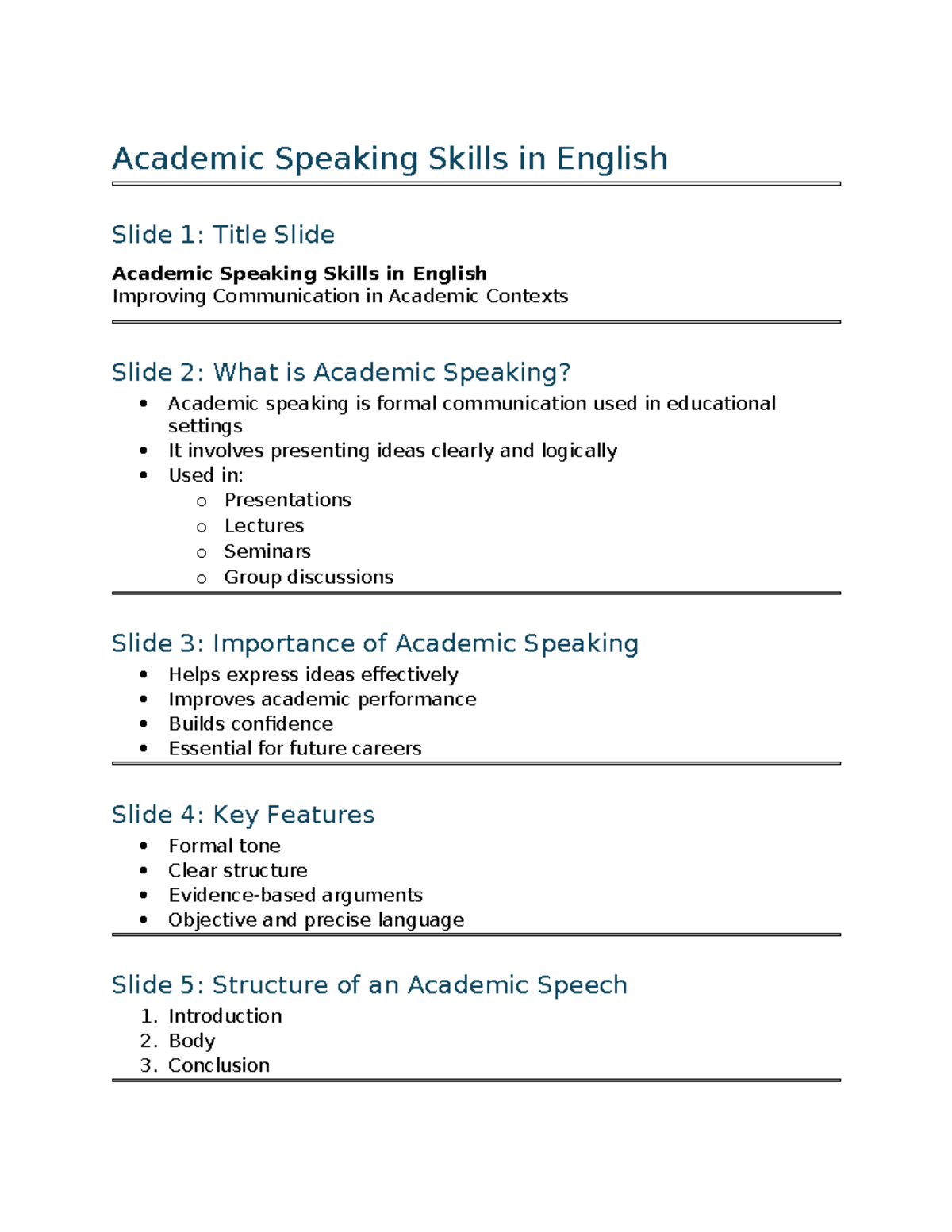 Academic Speaking Skills (ENG 101) Presentation Overview - Studocu