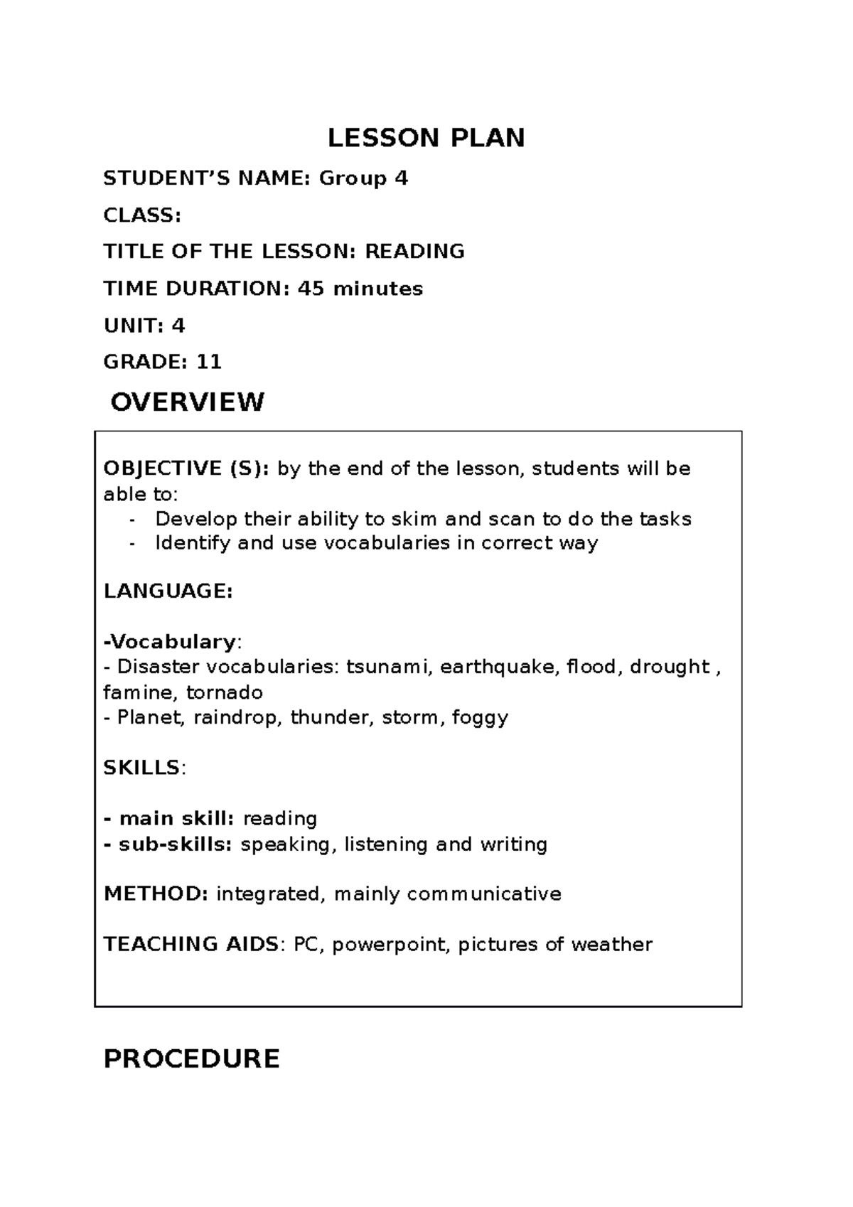 Group 4 Lesson PLAN ( Reading) - LESSON PLAN STUDENT’S NAME: Group 4 ...