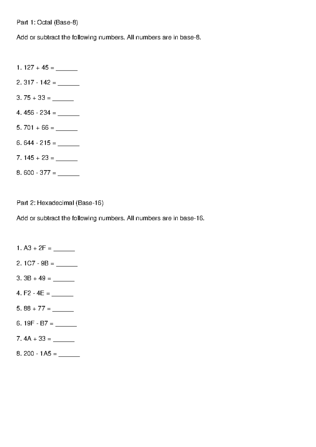 Octal & Hexadecimal Operations Worksheet (Part 1 & 2) - Studocu